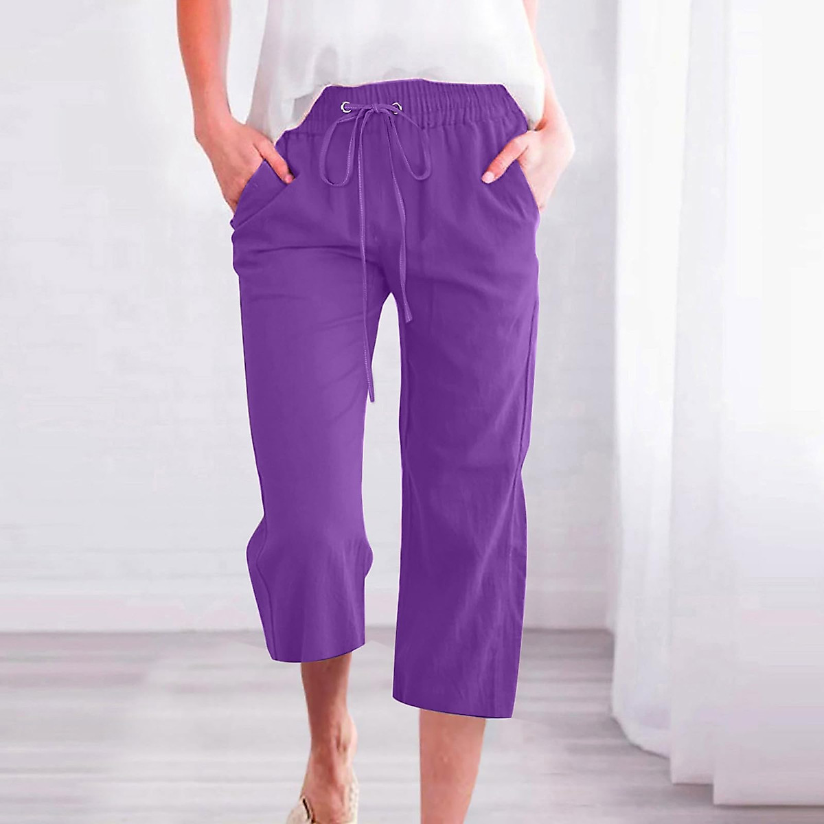Return pallets for Sale Liquidation Bulk Tools Flare Pants Women Cotton Linen Capris Pants Plus Size Knee Length Casual Elastic Waist Loose Paper Bag with Pockets Loose Trousers Purple 4XL