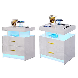 HNEBC Auto LED Nightstands Set of 2,Modern Bedside Table with 2 Ports & Wireless Charging Station,High Gloss Bedside Tables with 2 Drawers,Nightstands for Bedrooms/Living Room (White)