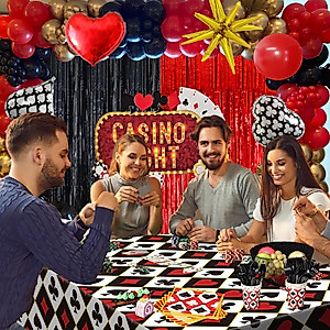 153PCS Casino Theme Party Decorations, Black Red Gold Balloon Garland Arch Kit With Starburst Dice Poker Foil Balloons, Foil Fringle Curtain Backdrops