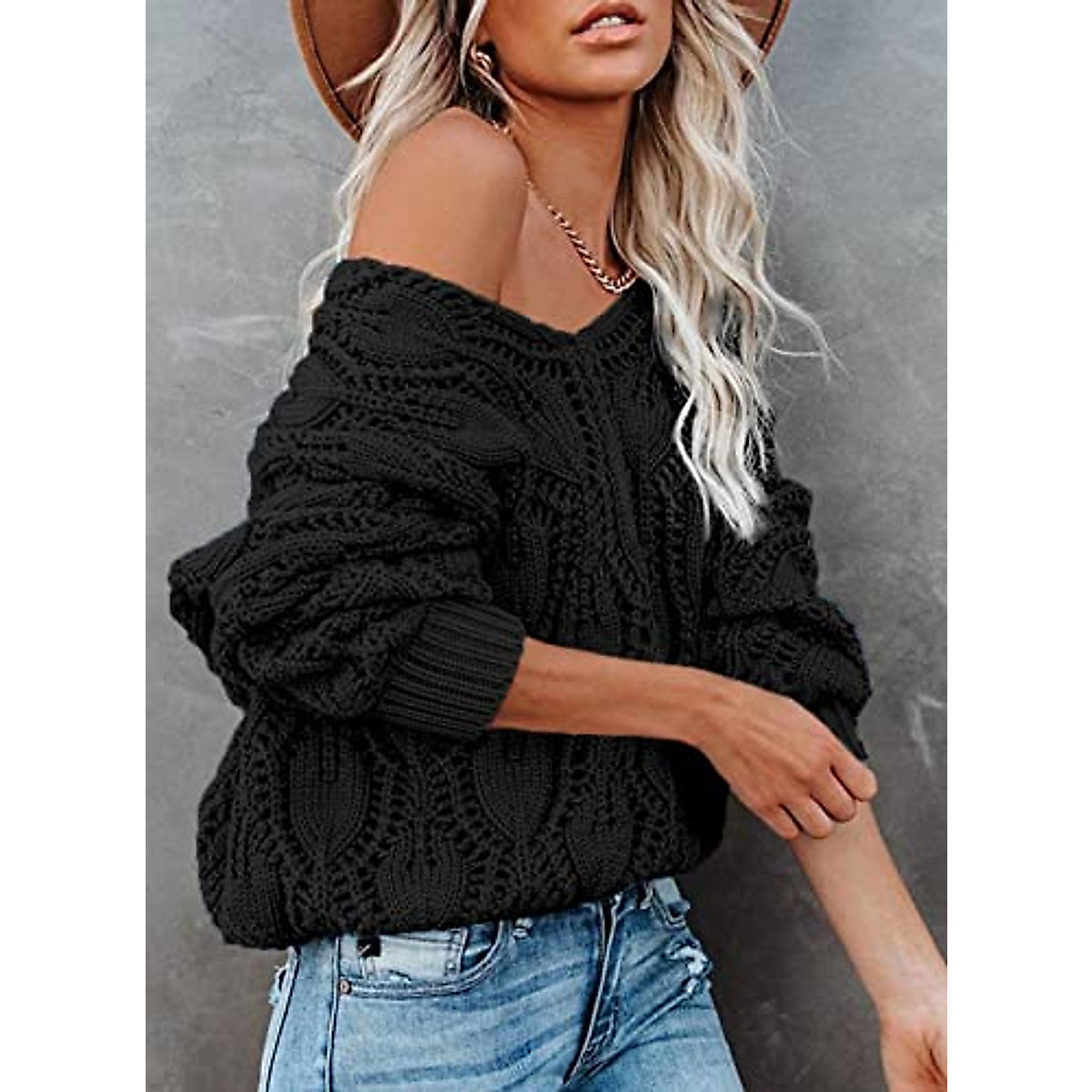 AlvaQ Womens Crochet Sweaters Cute V Neck Long Sleeve Hollow Out Cable Ribbed Knit Pullover Jumper Tops Fall Fashion 2023 Black Large