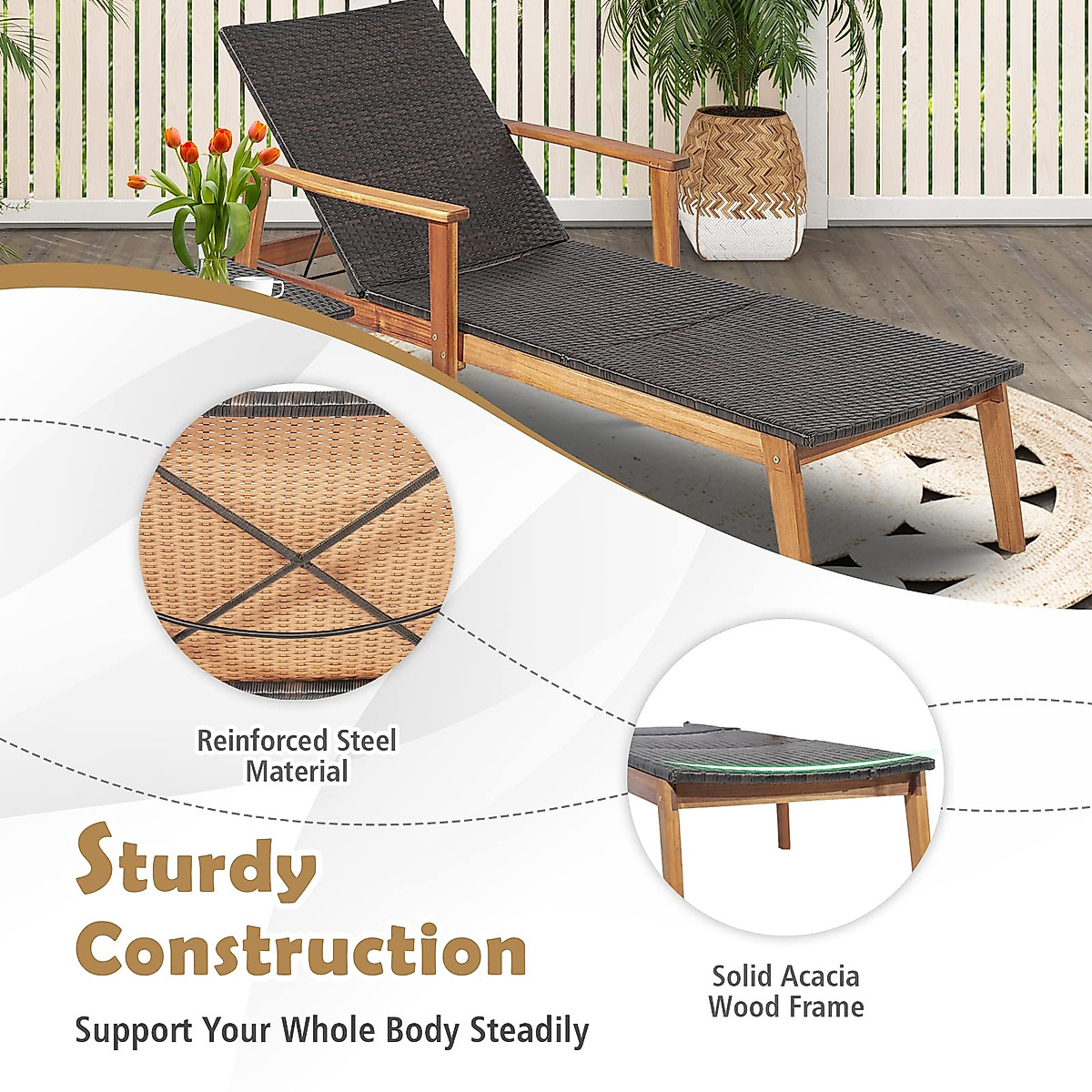 HAPPYGRILL Patio Lounge Chair with Folding Side Table Set, 4-Position Adjustable Recliner with Fully Flat Position, Outdoor PE Wicker Chaise Lounge with Acacia Wood Frame