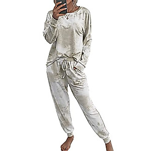 PRETTYGARDEN Women's Tie Dye Two Piece Tracksuit Set Long Sleeve Sweatshirt with Long Pants (Khaki,Medium)