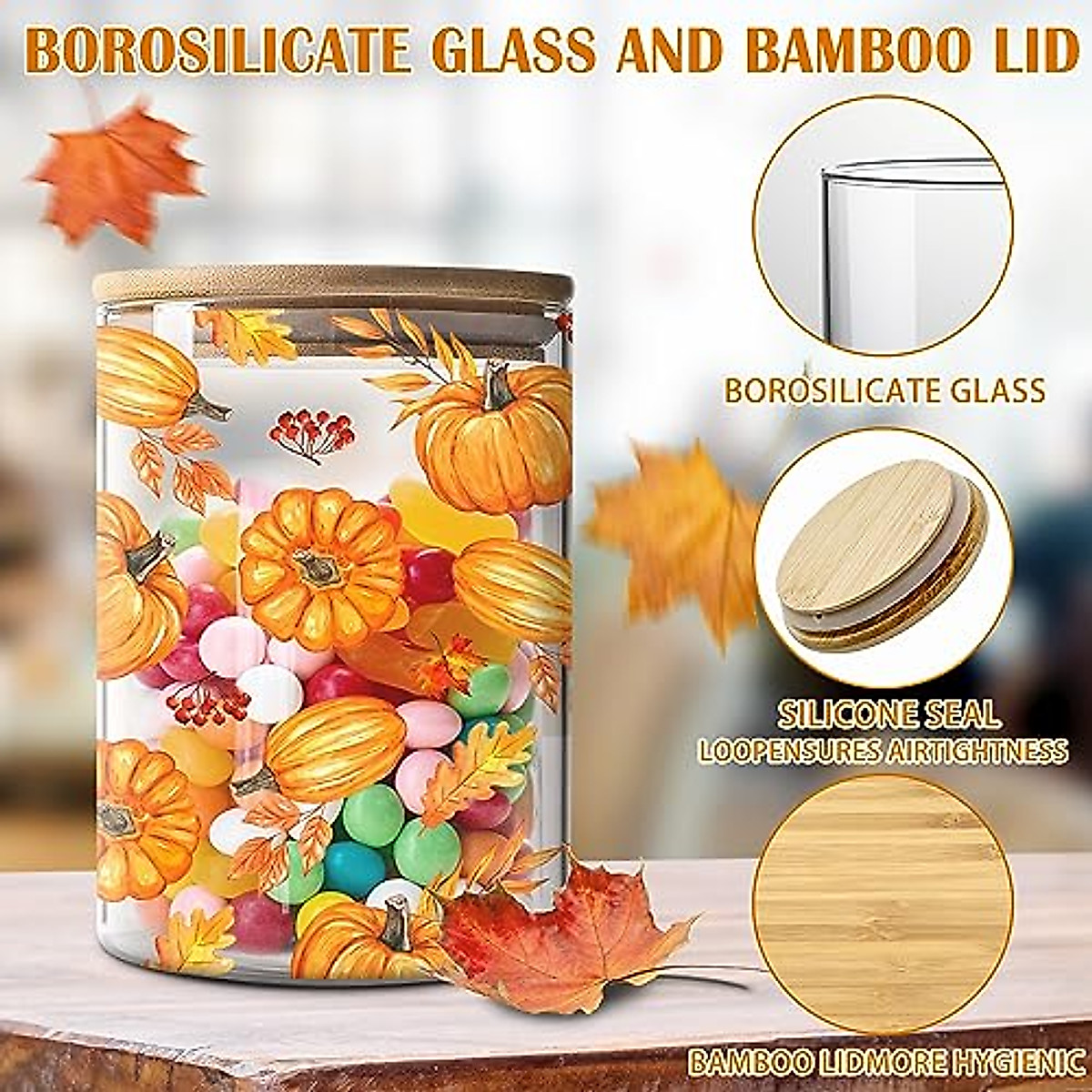 Fall Decor 3 Pack Glass Storage Jars with Airtight Bamboo Lid-Hello Fall Pumpkin Canisters Sets for Kitchen Countertop Autumn-Clear Fall Glass Storage Jars for Coffee Bean, Cookie, Candy, Tea, Flour