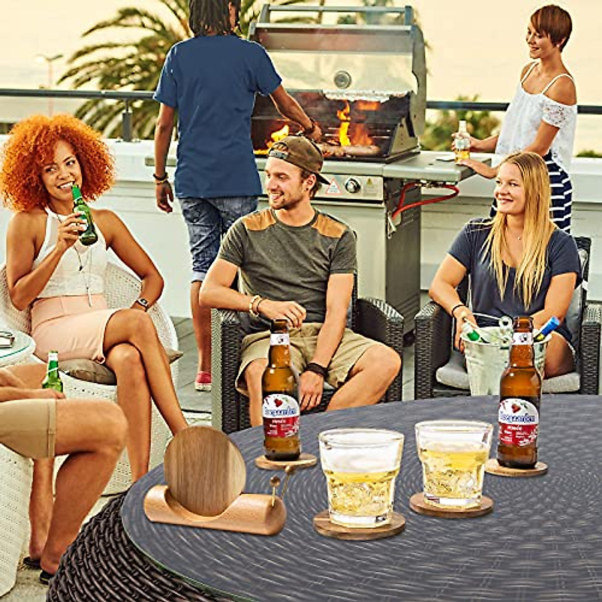 Wooden Coasters for Drinks-Natural Acacia Wood Drink Coaster Set for Drinking Glasses , Tabletop Protection for Any Table Type , Set of 5-Dia 3.5*3.5inchs（New Snail Coasters）