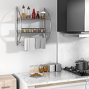 Safstar Wall Mounted Bathroom Shelf, 2-Tier Metal Bathroom Towel Rack w/Leaky Design Shelves & Towel Bars, Chrome Bathroom Shelf for Living Room Kitchen Bathroom, 18"W X 10"D X 22"H, Silver