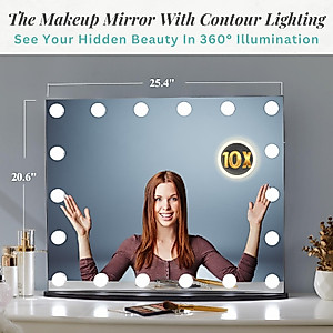 LUXFURNI Vanity Mirror with Makeup Lights, Large Hollywood Light up Mirrors w/ 18 LED Bulbs for Bedroom Tabletop & Wall Mounted (26Lx21W, Black)