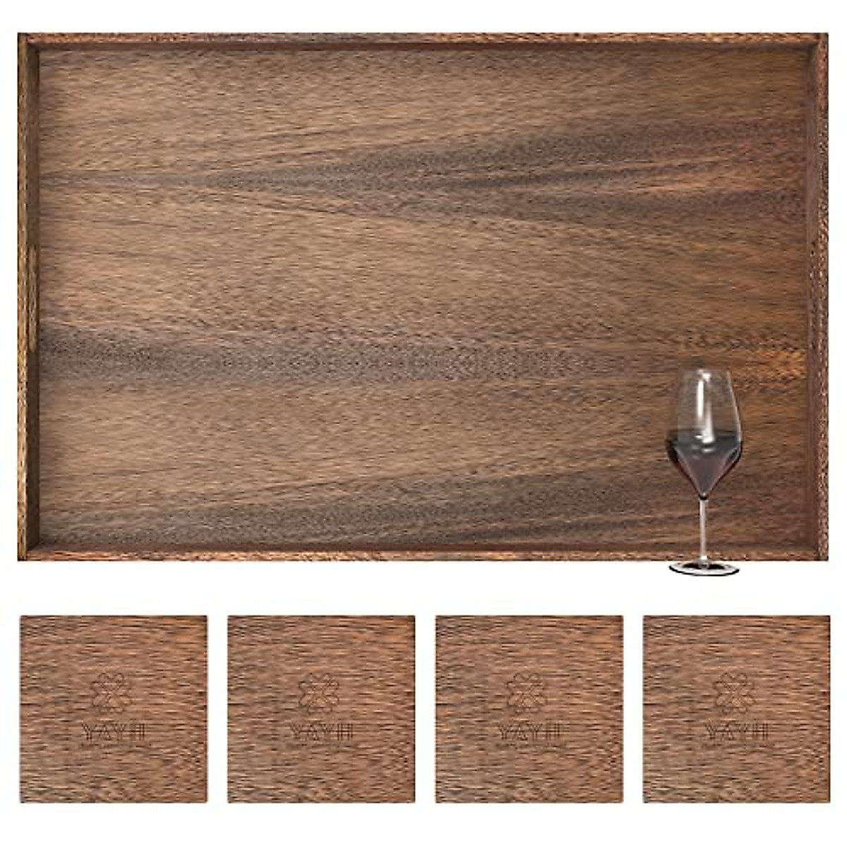 Nunemosk 28x18 inches Large Rectangle Ottoman Table Tray Wooden Solid Rectangle Serving Tray with Handle Black Walnut Platter Decorative Tray, Home Breakfast in Bed, Including 4 Walnut Coaster