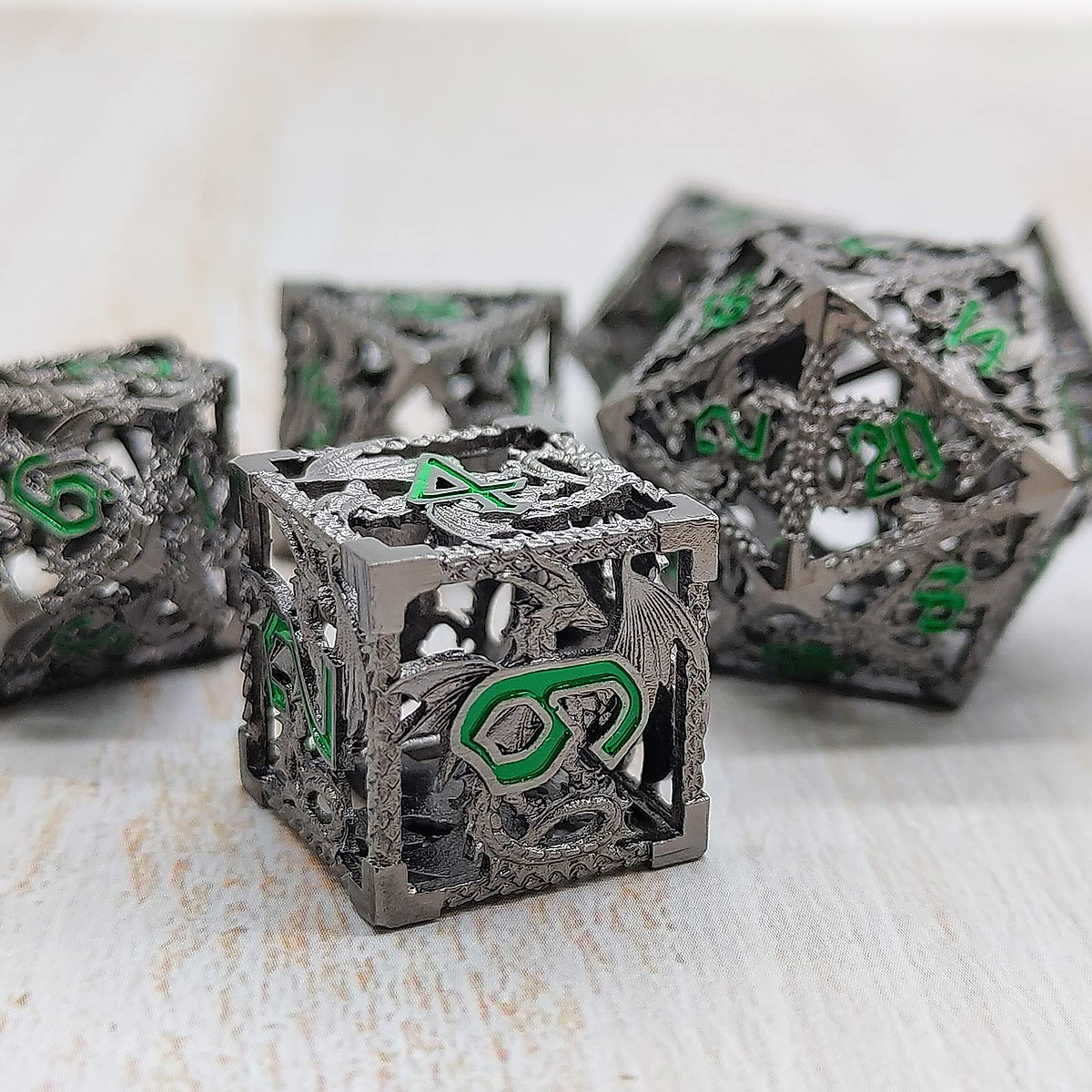 DND Dice Set Dungeons and Dragons Metal D&D Dice Polyhedral Dice Set RPG MTG Pathfinder Shadowrun Roleplaying Dice Games Gifts Accessories D N D Hollow Dice D20 D12 D10 D8 D6 D4, Black Nickel Green