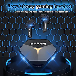 RUSAM GA33 TWS Game Earbuds True Wireless Stereo Headset Low Latency Bluetooth 5.2 Headphones Wireless Deep Bass Touch Control Earbuds HD Physical Noise Cancellation Earphones,White