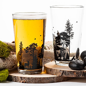 Black Lantern Handmade Themed Pint Glasses – Pint Glasses in Unique Designs for Craft Beer Enthusiasts and Home Bars - (Set of Two 16oz. Glasses) Forest and Animals Design