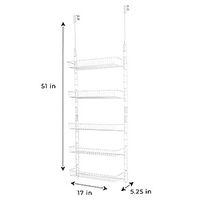 Smart Design Over The Door Adjustable Pantry Organizer Rack w/ 5 Adjustable Shelves - Steel Metal - Hanging - Wall Mount - Cans, Spice, Storage, Closet - Kitchen [White]
