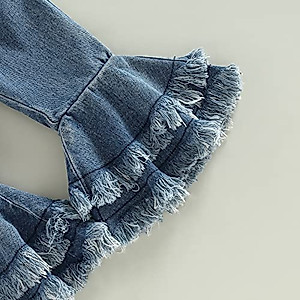 Vintage Baby Girl Clothes Infant Lace Onesie Ribbed Romper+Ruffle Flare Jeans+Headband Boho Spring Outfit (A Lace Oneise+Flare Jeans,0-6 Months)