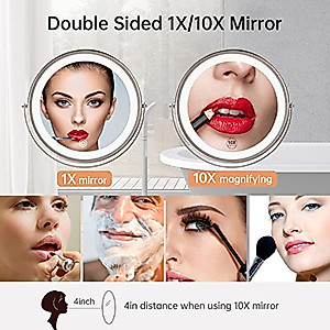 Rechargeable Wall Mounted Lighted Makeup Vanity Mirror 8 Inch Double Sided 1X 10X Magnifying Bathroom Mirror, 3 Color Lighting, Touch Screen Dimming, Extended Arm 360 Rotation Shaving Light up Mirror