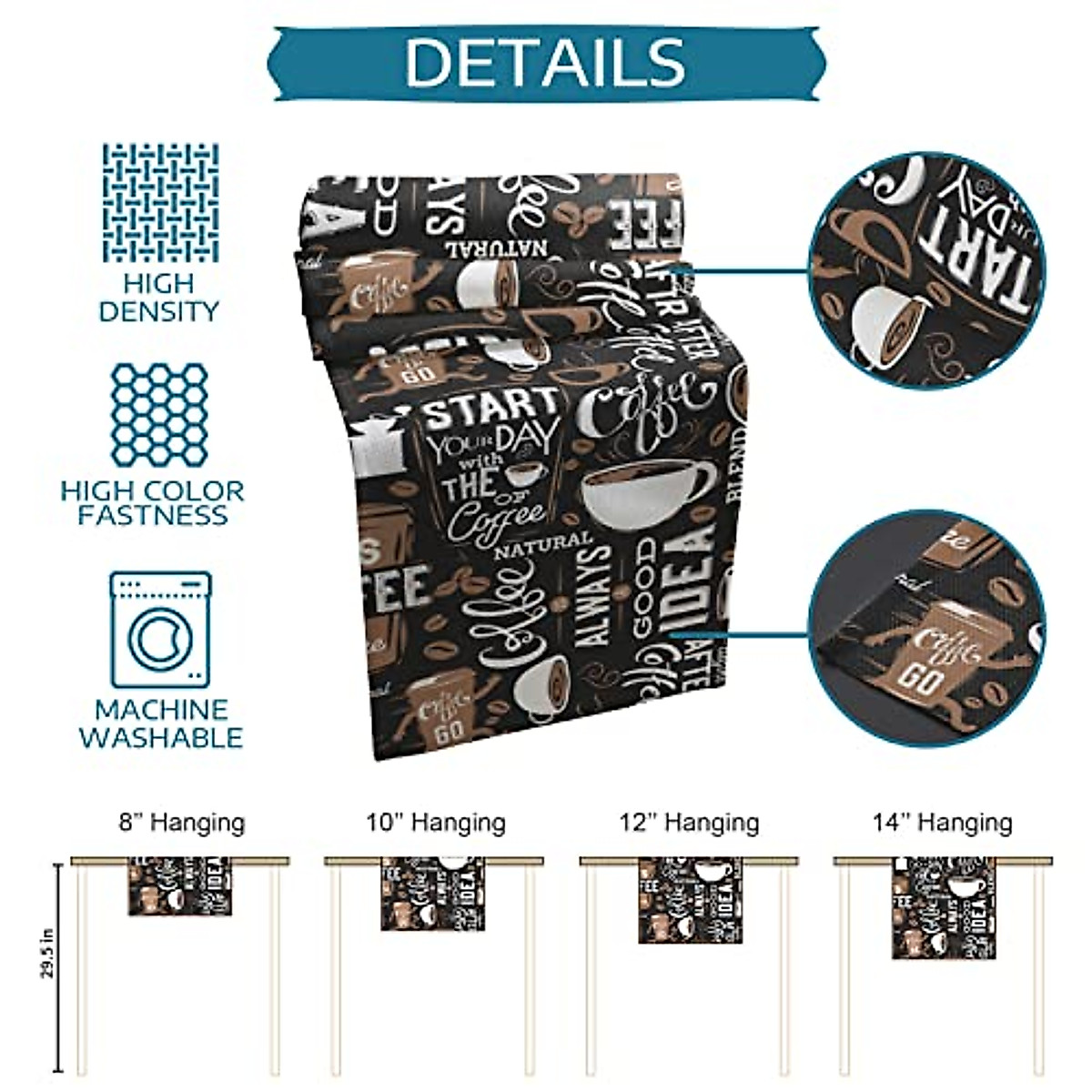 Rural Coffee Table Mats Set of 6 with Table Runner 70 Inches Long,Cotton Linen Tablerunner Burlap Kitchen Dining Placemats for Wedding/Coffee/Dress Party,Shabby Chic Esppresso Beans Cup Drinking