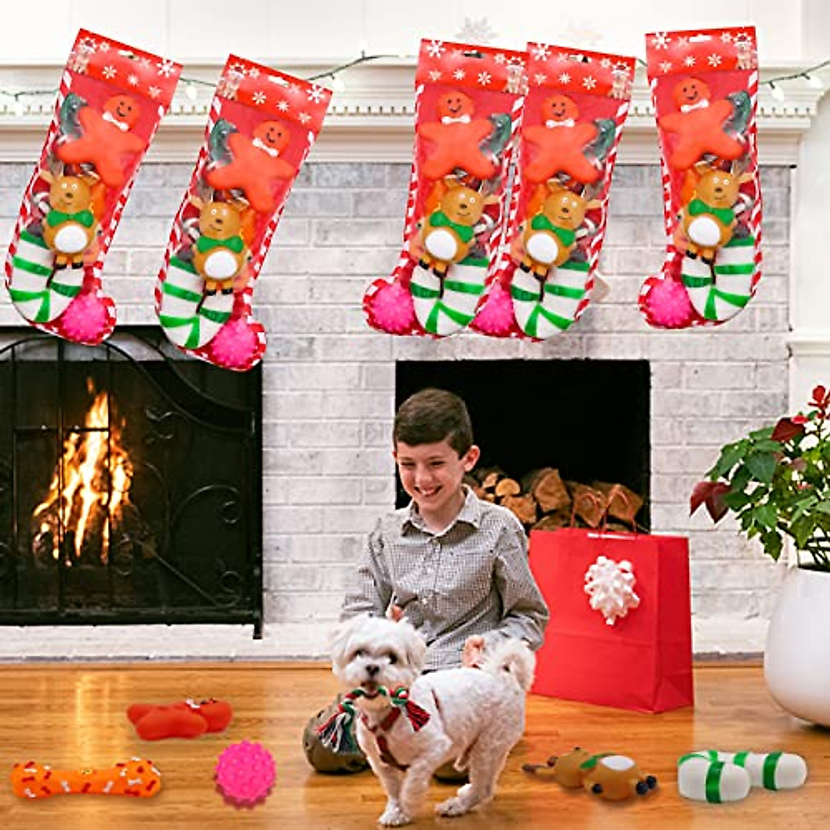 ZALALOVA Christmas Dog Stocking Gifts Toys Set, 6 PCS Xmas Dogs Toys with Squeaky Toys Chew Toys Assorted Crutch Gingerbread Man Bone Shape Christmas Candy Cane Shape Chewer Interactive Ball Gifts