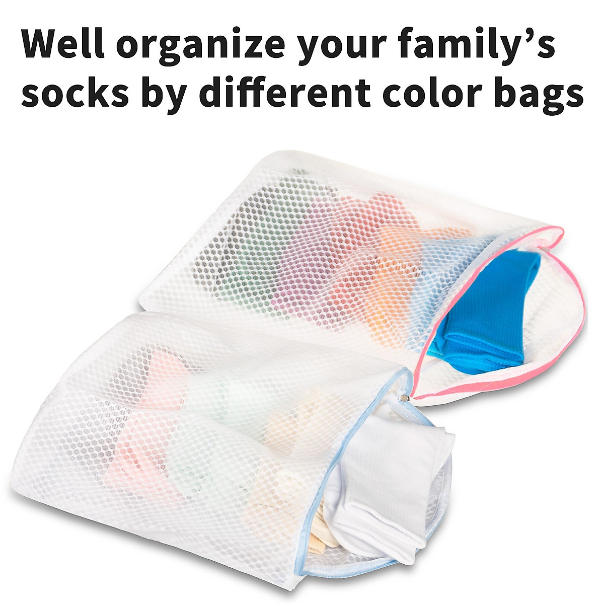 3Pcs Hanging Laundry Bags for Socks with S Hooks, 3 Color Mesh Laundry Bags for Washing Machine