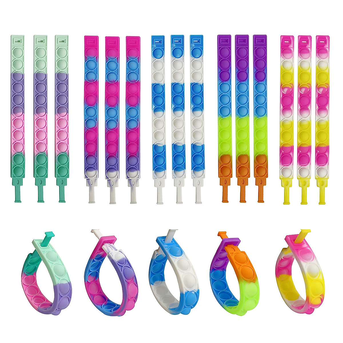 WQFXYZ 30 PCS 20PCS Push Pop Fidget Toy Fidget Bracelet, Durable and Adjustable, Multicolor Wristband Push Pop Stress Relief Sensory Fingertip Toys for Kids and Adults (20 PCS)