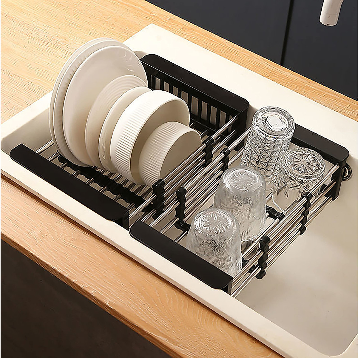 PEAKXCAN Retractable Stainless Steel Kitchen Dish Drying Rack, Sink Draining Basket, Fruit and Dish Rack, Dish Washing Basket, Draining Bowl Rack,Black