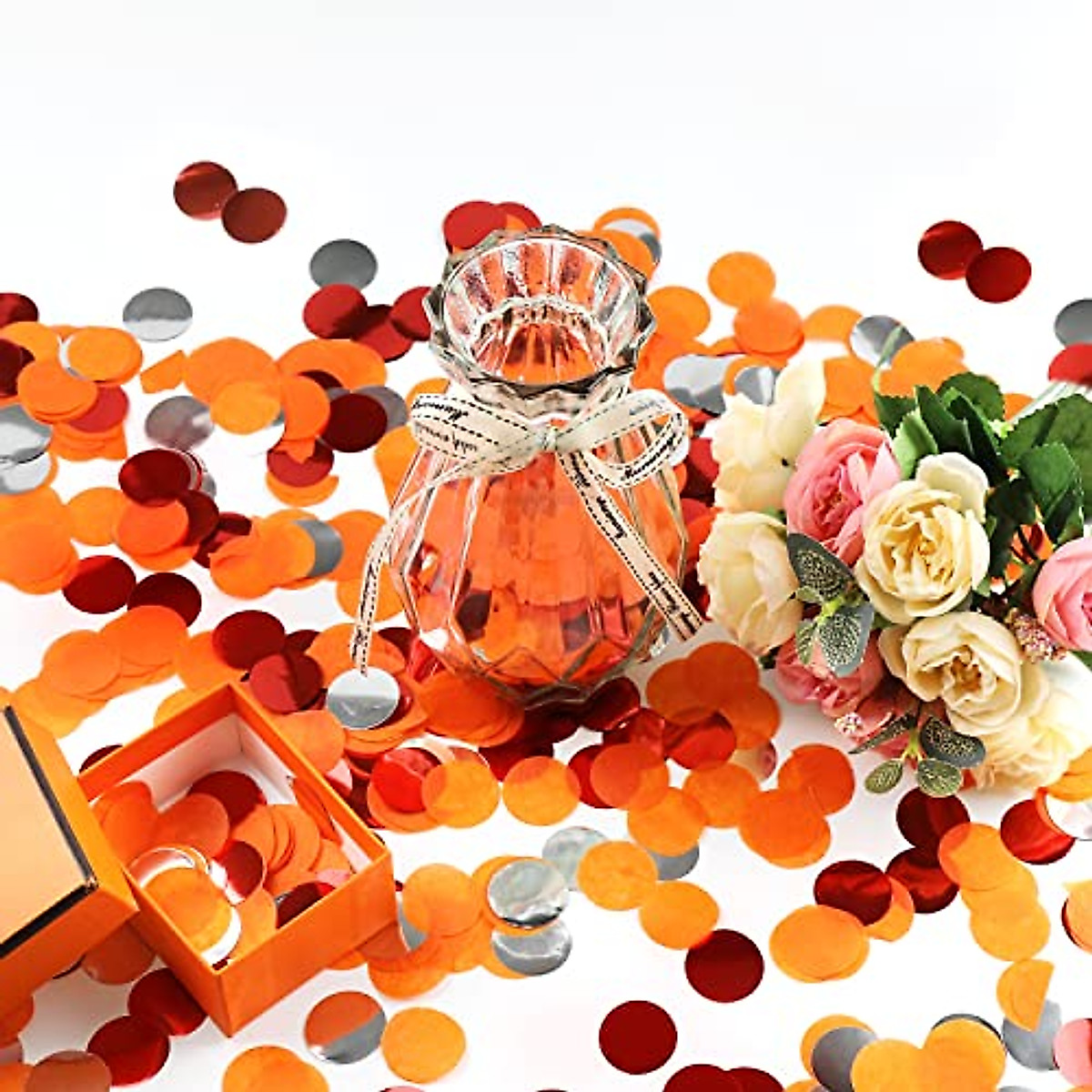 VCOSTORE Tissue Paper Confetti Circles - Round Confetti Dots，Large Table Confetti for Wedding Birthday Party Decoration and Gift Box decoration, 5000 pieces -Orange Red & Silver Mix Confetti