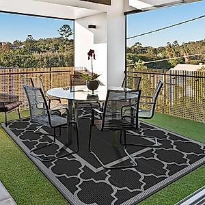 GENIMO 6' x 9' Outdoor Rug Waterproof for Patio Decor, Foldable Reversible Plastic Straw Area Rugs Mat for Camper, Outside Carpet for Rv, Deck, Porch, Picnic, Beach, Balcony, Black & Grey