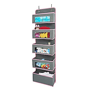 Vercord Door Hanging Organizer Storage Wall Mount Organization Foldable Hanging Shelves Kids Toy 5 Pocket 4 Clear Window with Metal Hook Grey