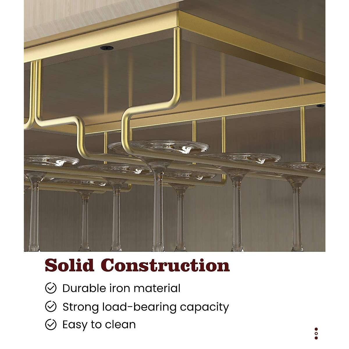 Nuovoware Hanging Stemware Holder, Wine Glass Holder Hanging Wine Glass Holder with 4 Rails for Under Shelf Glass Cabinet Hanging Chrome Kitchen Bar - Gold