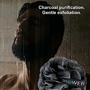 Loofah-Charcoal Back-Scrubbers 2-Pack-by-Shower-Bouquet: Long-Handle Bath-Sponge-Brushes with Extra Large Soft Mesh for Men & Women - Exfoliate with Full Pure Cleanse in Bathing Accessories