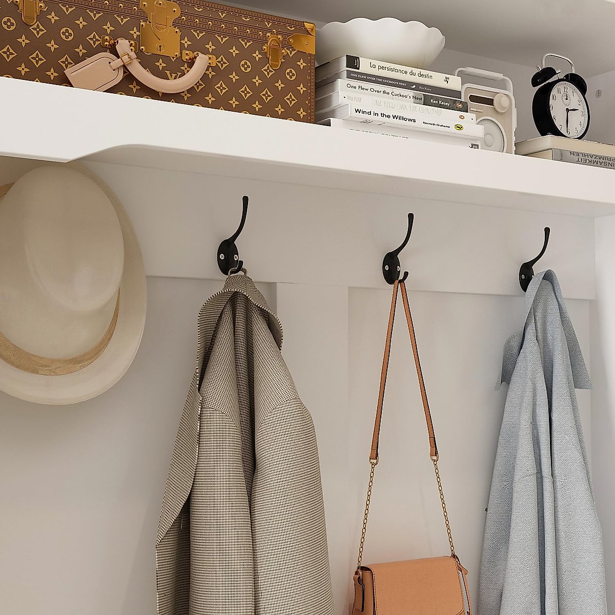 AIEGLE Entryway Hall Tree with Shoe Bench, 3-in-1 Hallway Hall Tree with Coat Rack, 6 Shoe Storage Cubes and 4 Hanging Hooks, White (39.8" L x 17.3" W x 67.1" H)
