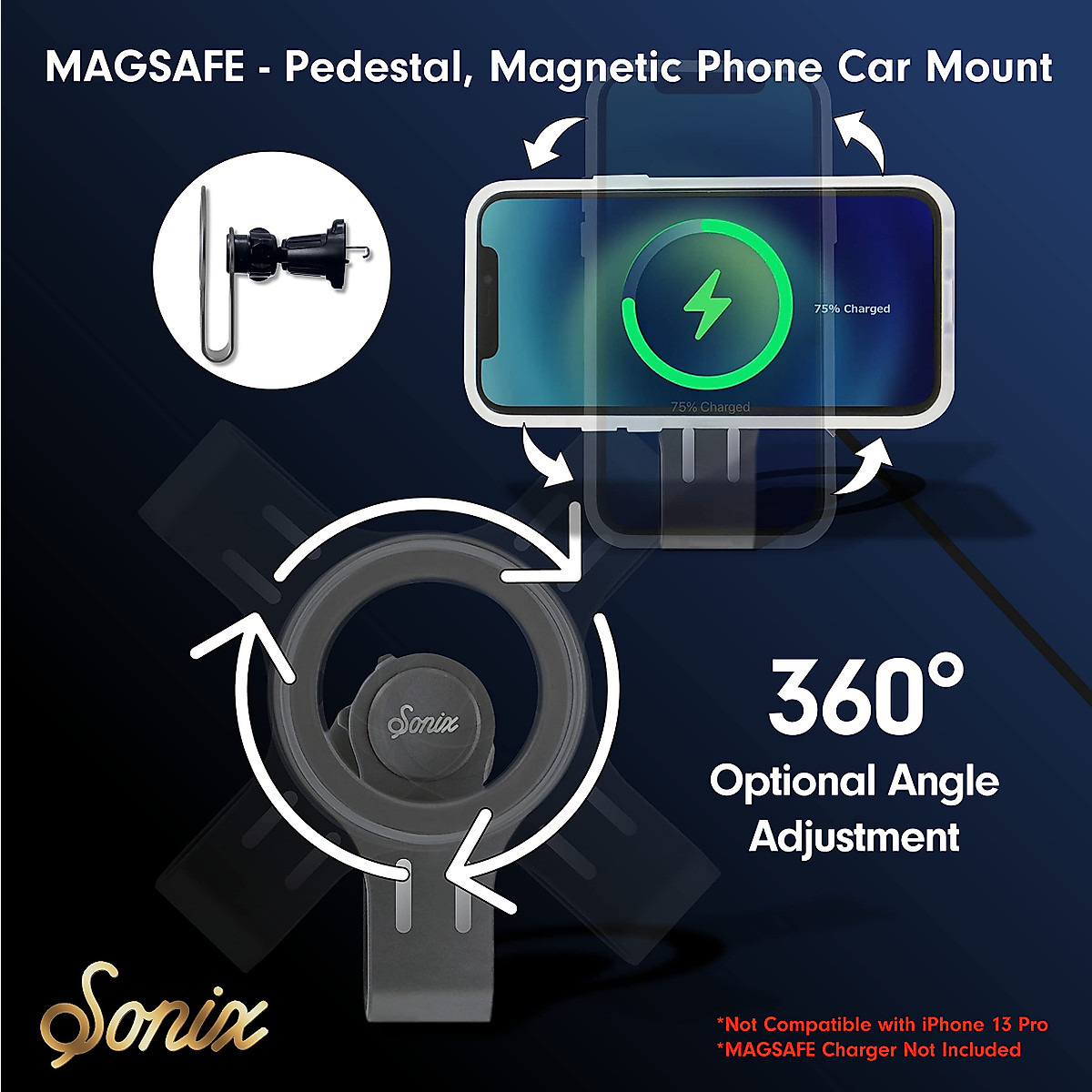 MAGNETIC LINK Car Mount, Compatible with MagSafe Cases and MagSafe Wireless Charger for iPhone 15, 14, 13, 12 series, Hands Free Cell Phone Holder with Secure Vent Clip - Graphite