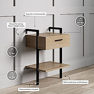 Nathan James Jenny 2-Tier Industrial Wood Wall Mount Rustic Bedside Table Nightstand with Drawer and Storage Shelf, 1, Oak/Black