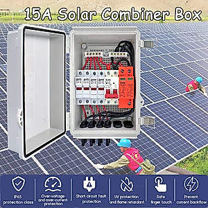 BAYM IP65 4 in 1 Out 15A 4 String Solar PV Array Plastic DC Combiner Box,4Pair Solar Connectors, Lightning Surge Protection, 63A 6ka MCB Lock Indicator,Waterproof Ventilation Valve