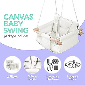CaTeam - Canvas Baby Swing, Wooden Hanging Swing Seat Chair with Safety Belt, Durable Baby Swing Chair, Outdoor and Indoor Swing for Kids, Mounting Hardware Included, Ivory