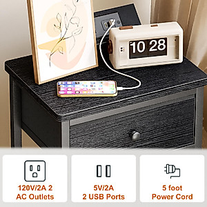 Fixwal Black Nightstands Set of 2 with Charging Station, Night Stand End Table with USB Ports & Outlets, Bedside Table with Fabric Drawer for Room, Bedroom