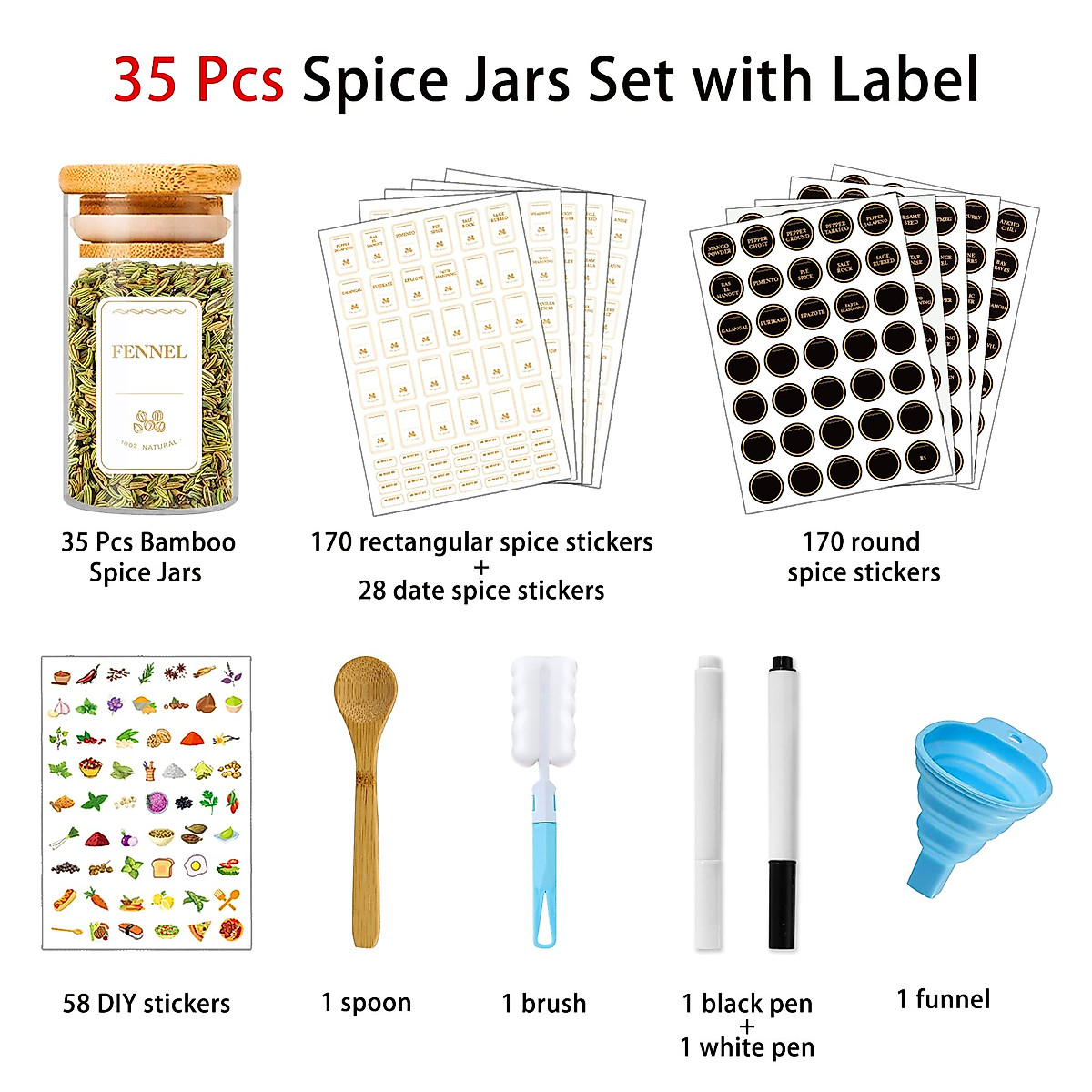 BGraceyy Spice Jars with Labels, 35 Pcs 4 oz Glass Spice Jars with Bamboo Lids, Minimalist Stackable Airtight Spice Containers with 426 labels for Home Kitchen, Pantry, Spice Cabinet, Drawer, Rack