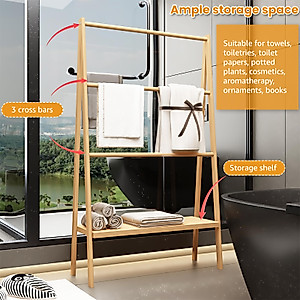 Cirui Bamboo Ladder Towel Rack with Storage Shelf 4-Tier Bathroom Ladder Towel Rack Freestanding Bamboo Drying Stand Multifunctional Display Stand for Bedroom Dressing Room Laundry