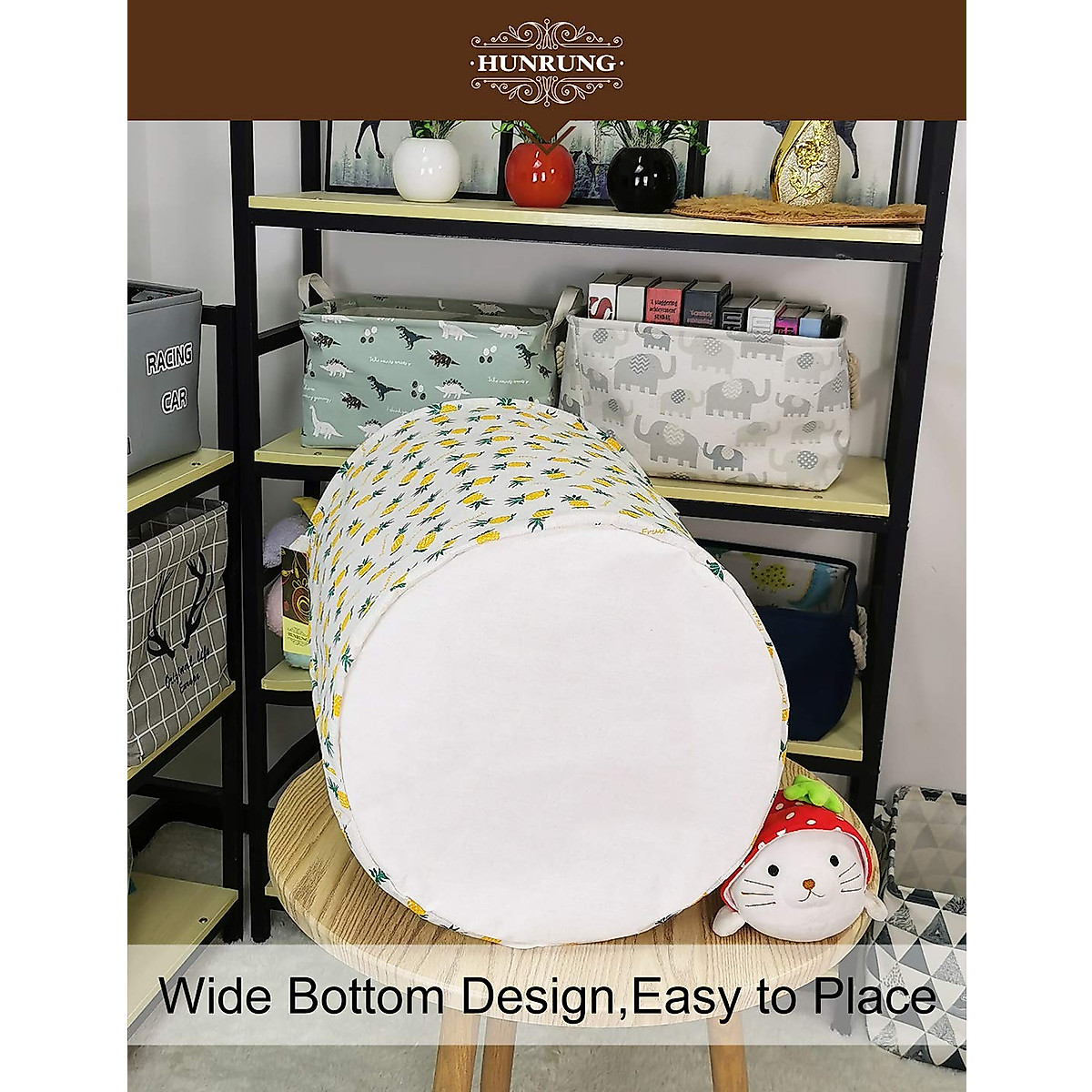 HUNRUNG Laundry Hamper,Large Canvas Fabric Lightweight Storage Basket Toy Organizer Dirty Clothes Collapsible Waterproof for College Dorms, Children Bedroom,Bathroom (Pineapple)