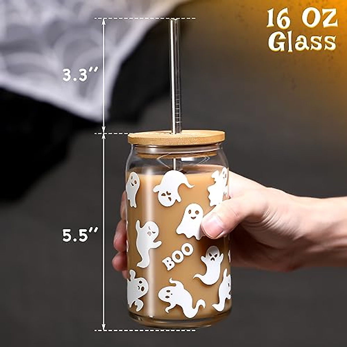 Nefelibata Halloween Ghosts Beer Can Glass Fall Iced Coffee Glass 16 OZ Spooky Season Glass with Lid Metal Straw And Cleaning Brush October Boo! Drinking Cup Gifts for Him Her
