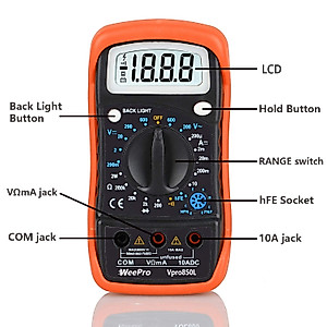 WeePro Vpro850L Digital Multimeter DC AC Voltmeter, Ohm Volt Amp Test Meter, Electric Tester Ohmmeter with Diode and Continuity Detector, Backlit Display and Insulated Rubber Case Kickstand