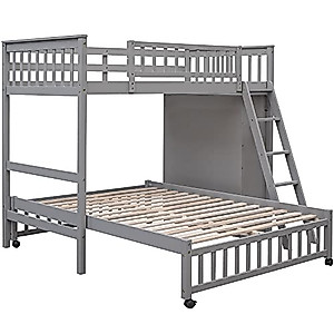 Twin Over Full Bunk Beds with Storage, Wooden L-Shape Bunk Bed Frame with 6 Drawers and Flexible Shelves, Bottom Platform Bed with Wheels can Movable, No Box Spring Needed (Grey)