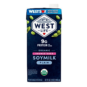 West Life Organic Soy Milk, Unsweetened Plain, Low Sugar, 9g of Protein, Vegan Dairy Alternative, Lactose-Free, Shelf Stable, 32oz (Pack of 6)