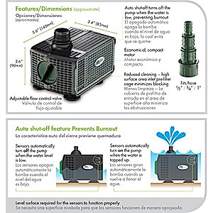 Pennington Aquagarden, Premium Auto Shut-Off Fountain Pump, Suitable for Garden Fountains, Water Features, Aquaponics & Hydroponics, 150 - 300 Gallon, 5’6” Pumping Height