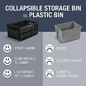 CleverMade Collapsible Storage Bin, Charcoal, 3PK - 32L (8 Gal) Stackable Storage Containers, Holds 66lbs Per Bin - Plastic Storage Bins for Organizing, Closet Storage, Garage Storage
