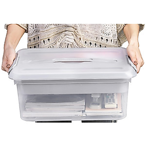 Yesland Stack & Carry Box with Removable Tray, 16 x 11 x 6.5 Inch Plastic Art Supply Storage Organizer Craft Storage Containers with Handle, Portable Organizer Bin for Stationery Sewing Jewelry, Grey