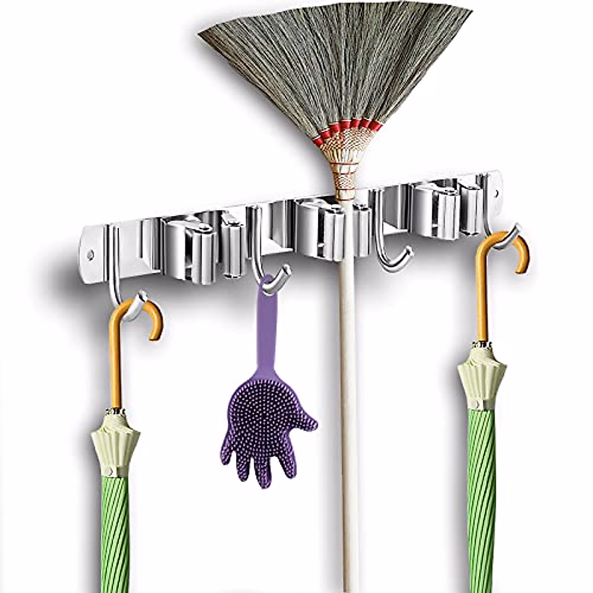 Gueryee Broom and Mop Holder Wall Mounted, Broom Hanger, Broom Organizer Wall Mount, Stainless Steel Broom Hook, Heavy Duty Broom Rack for Laundry Room, Garden, Garage, Bathroom(3 Racks 4 Hooks)