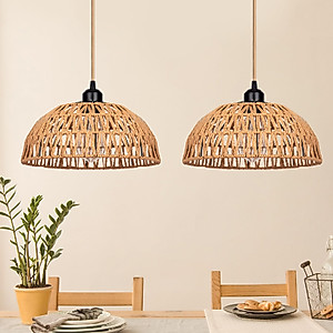 Yolsunes Rattan Pendant Light Fixtures 2 Packs, Boho Woven Basket Pendant Light, Handmade Wicker Hanging Lamp, Rattan Chandelier for Kitchen Island, Dining Room, Living Room, Bedroom, E26 Base