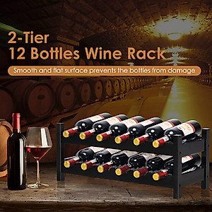 COSTWAY Wine Rack, Bamboo 12 Bottles 2-Tier Wine Display Rack for Countertop Home Kitchen Pantry, Free Standing Wine Storage, Rack Tabletop Wine Rack (Brown)
