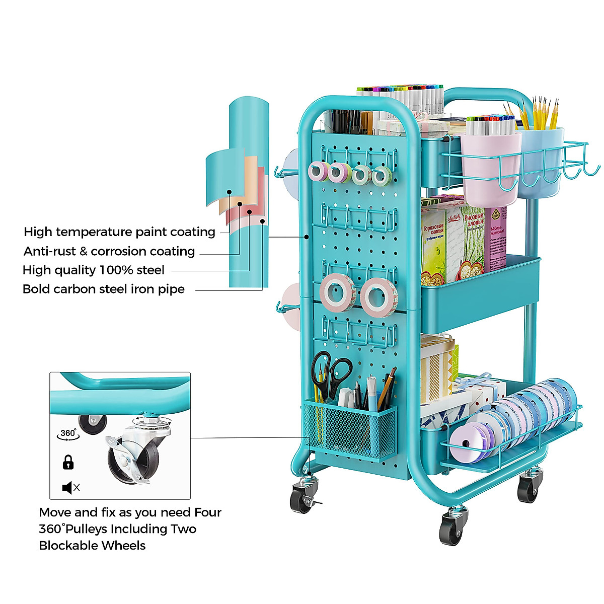 DESIGNA Heavy Duty 3-Tier Metal Rolling Cart,Utility Storage Cart With DIY Pegboard,Craft Art Carts Trolley Organizer with Handle and Extra Office Storage Accessories for Kitchen Office Home,Turquoise