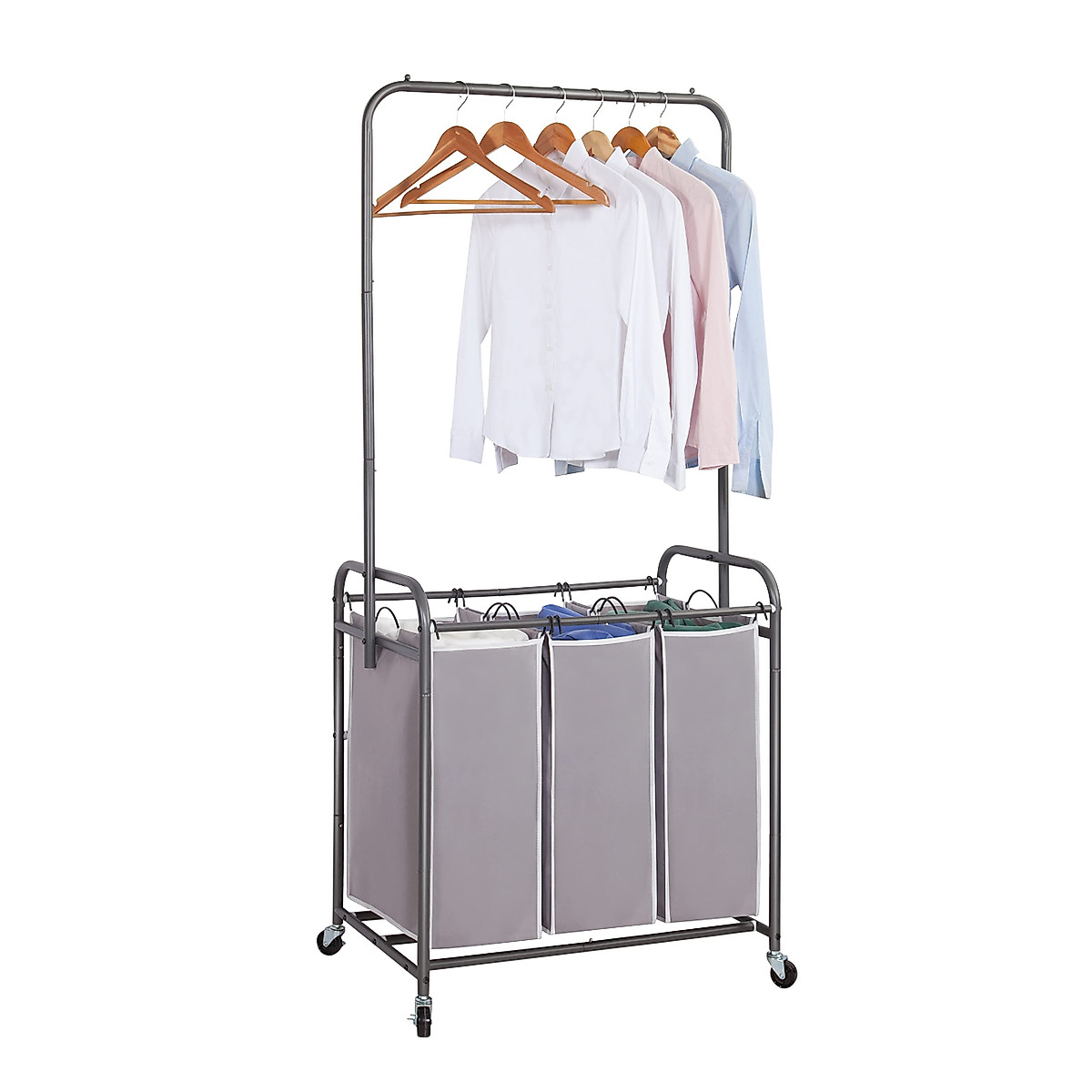 STORAGE MANIAC 136L Laundry Sorter with Hanging Bar, Portable, Removable Laundry Hamper Cart with Heavy Duty Rolling Lockable Wheels and Removable Bags, Rolling Laundry Basket Organizer, 3 Section