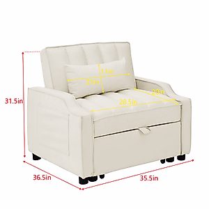 FUQIAOTEC Sleeper Sofa Chair Bed, Modern Velvet Pull Out Sofa Futon Chair Bed, Convertible Sofa Chair 3-in-1 with Adjustable Backrest and Pillow for Living Room, Small Space, White