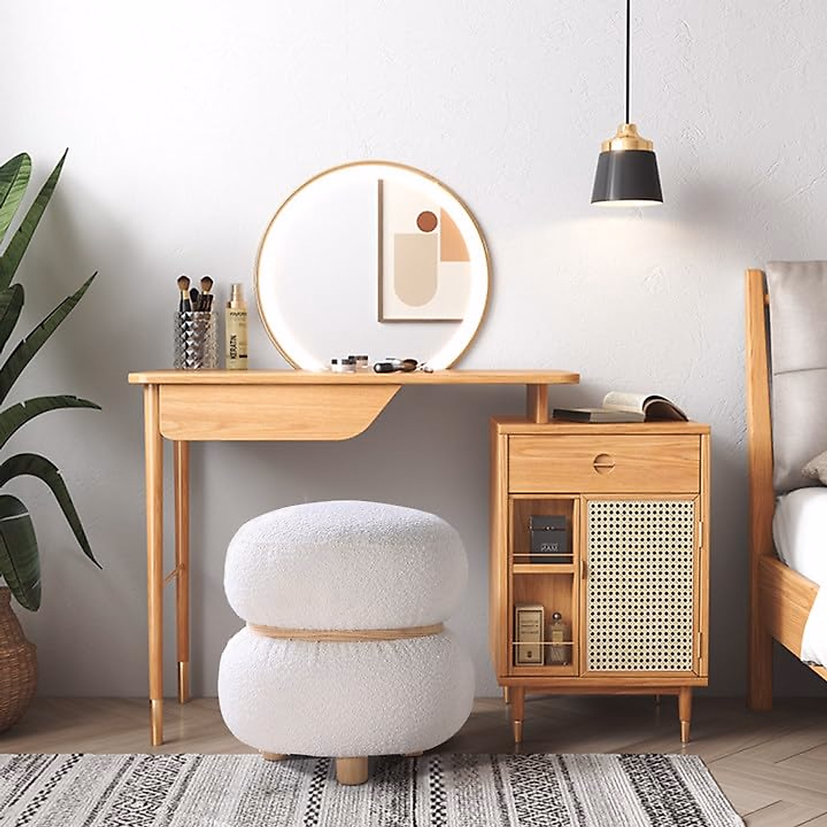 Get Set Style Round Ottoman with Soft Padded Seat, Multifunctional Vanity Chairs for Makeup, Upholstered Footrest Stool Ottoman Foot Stool for Living Room, Bedroom (White)